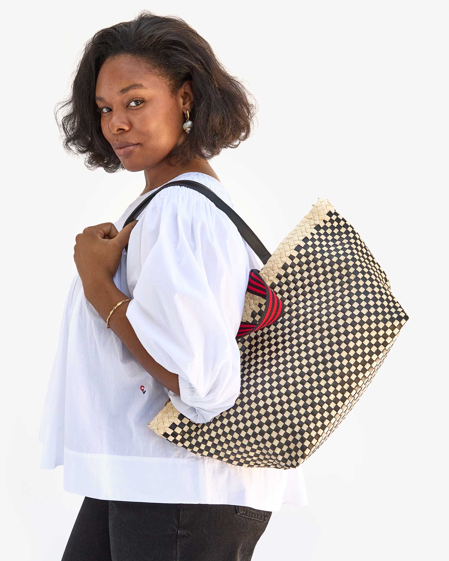 Clare V. Bateau Tote - Black/Cream Boarder Woven Checker | Garmentory