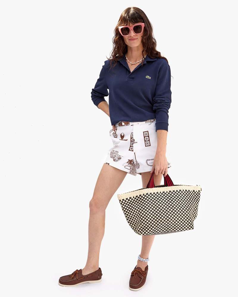 Clare V. Bateau Tote - Black/Cream Boarder Woven Checker | Garmentory