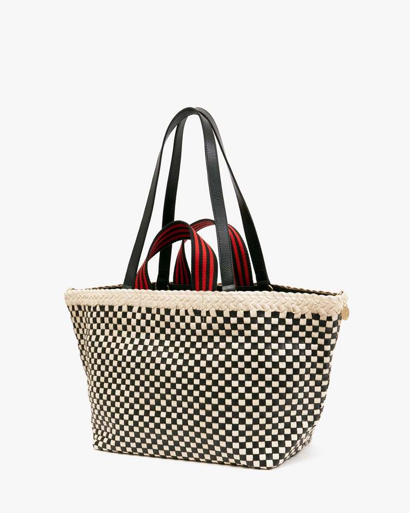 Clare V. Bateau Tote - Black/Cream Boarder Woven Checker | Garmentory