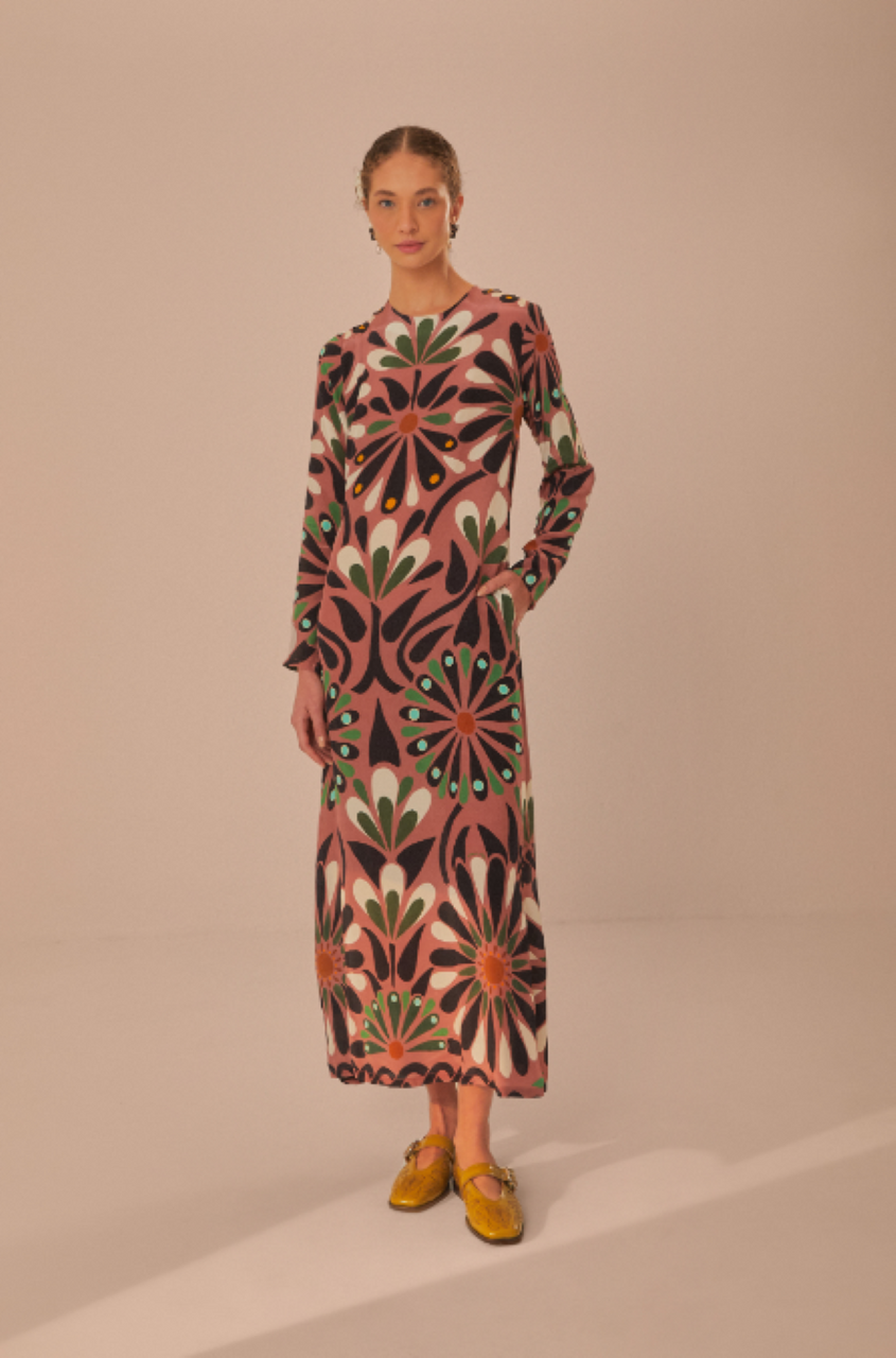Farm Rio Ainika Flowers L/S Maxi Dress - Pink | Garmentory