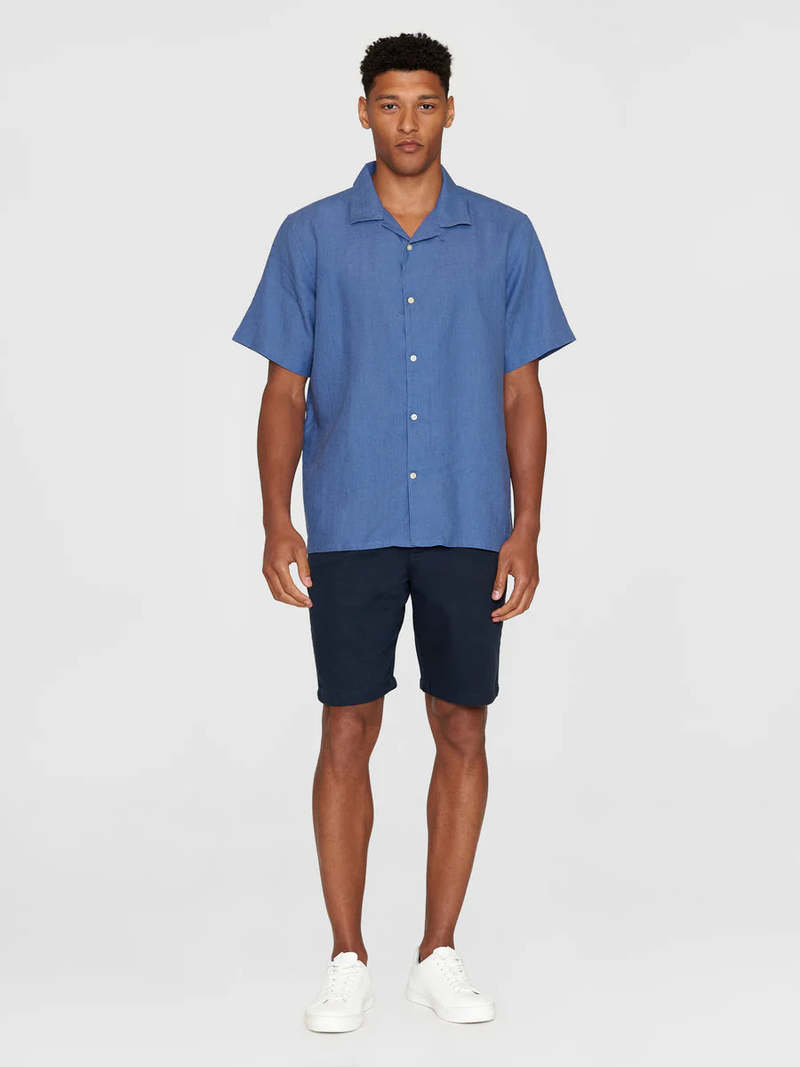 knowledge cotton apparel Box Short Sleeve Linen Shirt - Moonlight Blue ...