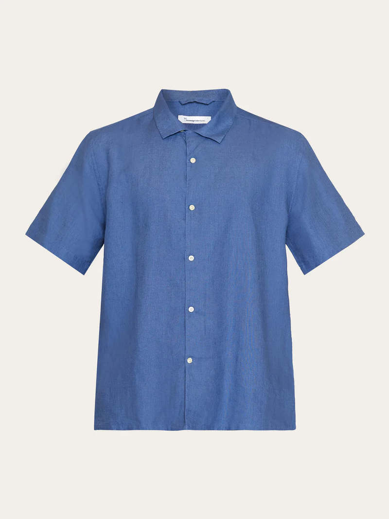 knowledge cotton apparel Box Short Sleeve Linen Shirt - Moonlight Blue ...