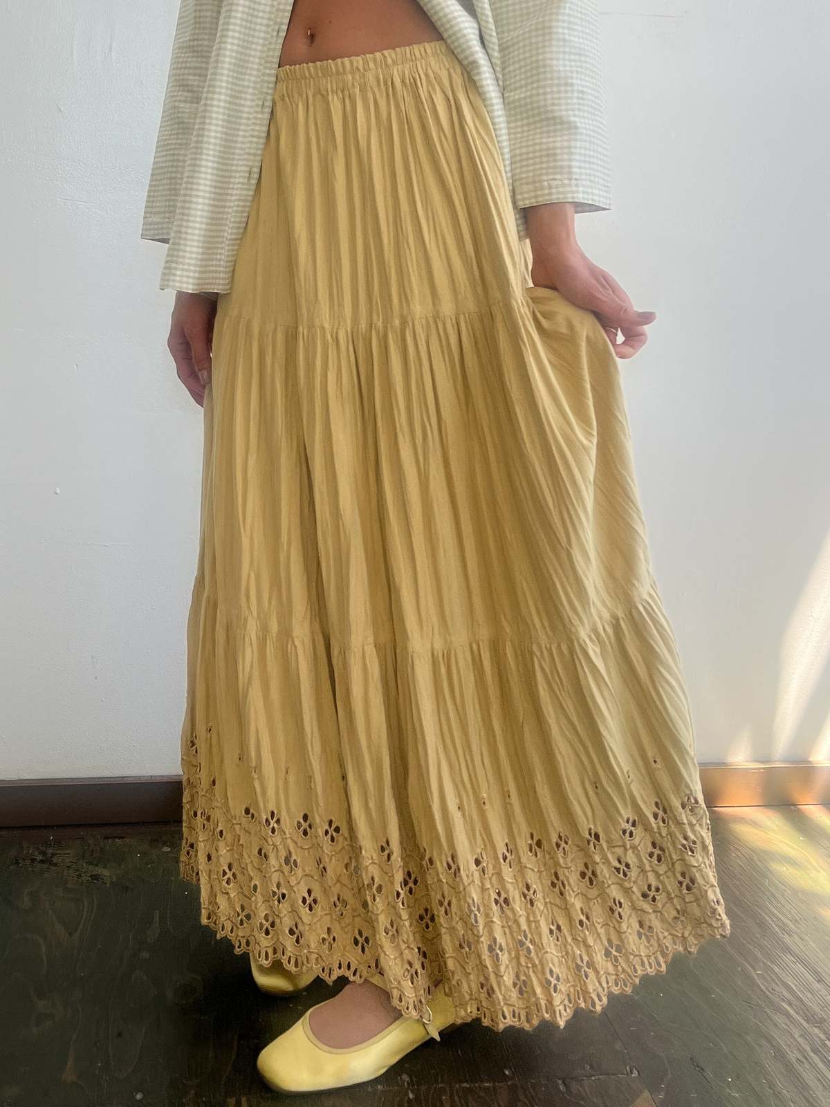 Vintage Microsuede Tiered Eyelet Skirt - Beige | Garmentory