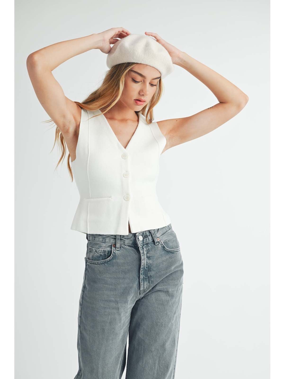Mable Ellie Button Front Knit Vest In Cream | Garmentory