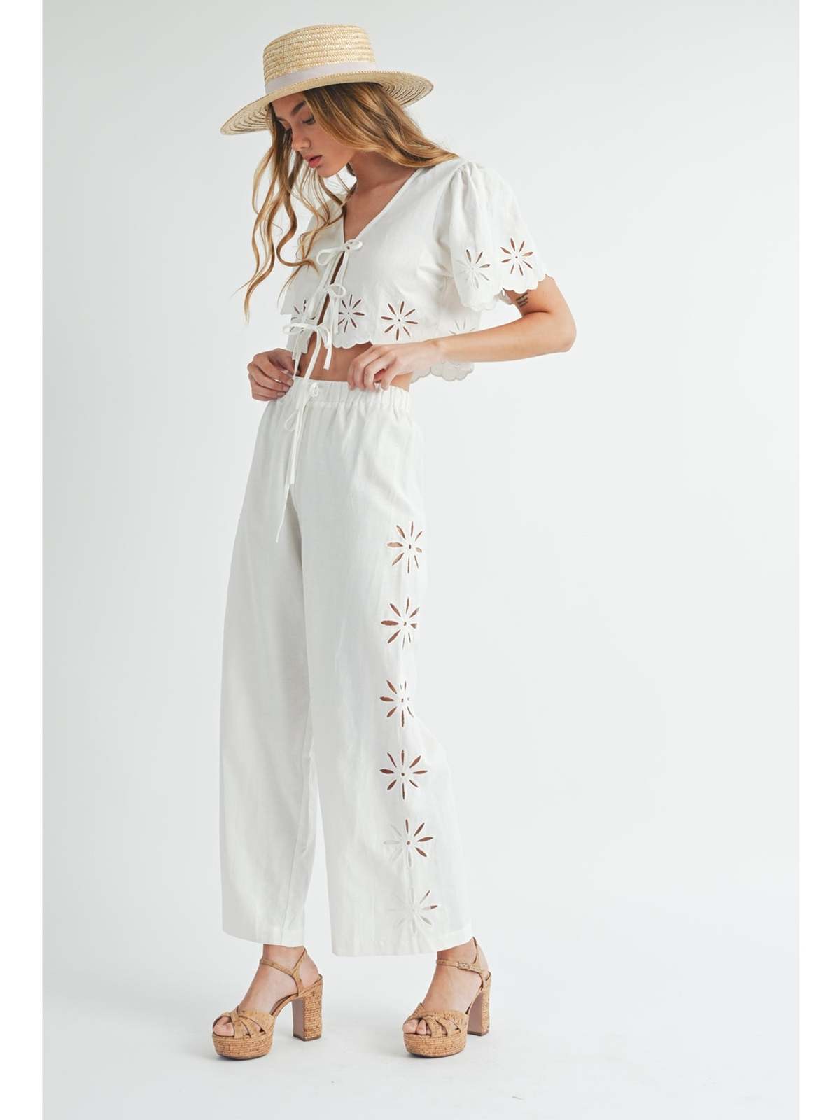Mable Vikki Cutout Embroidered Crop Top and Pant Set - Off White ...