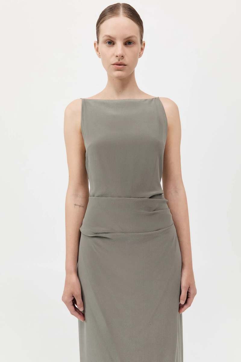 St. Agni Silk Tuck Dress - Smokey Olive | Garmentory