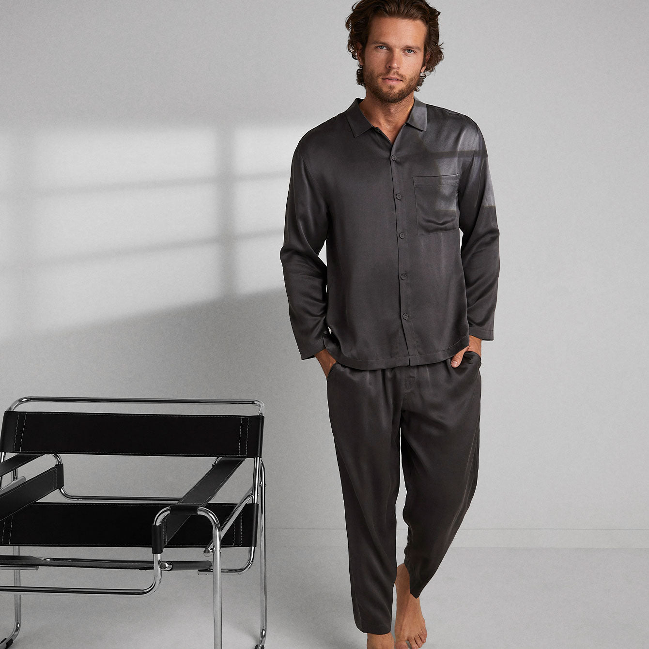 Lahgo Washable Silk Button Up Set - Meditative Grey | Garmentory
