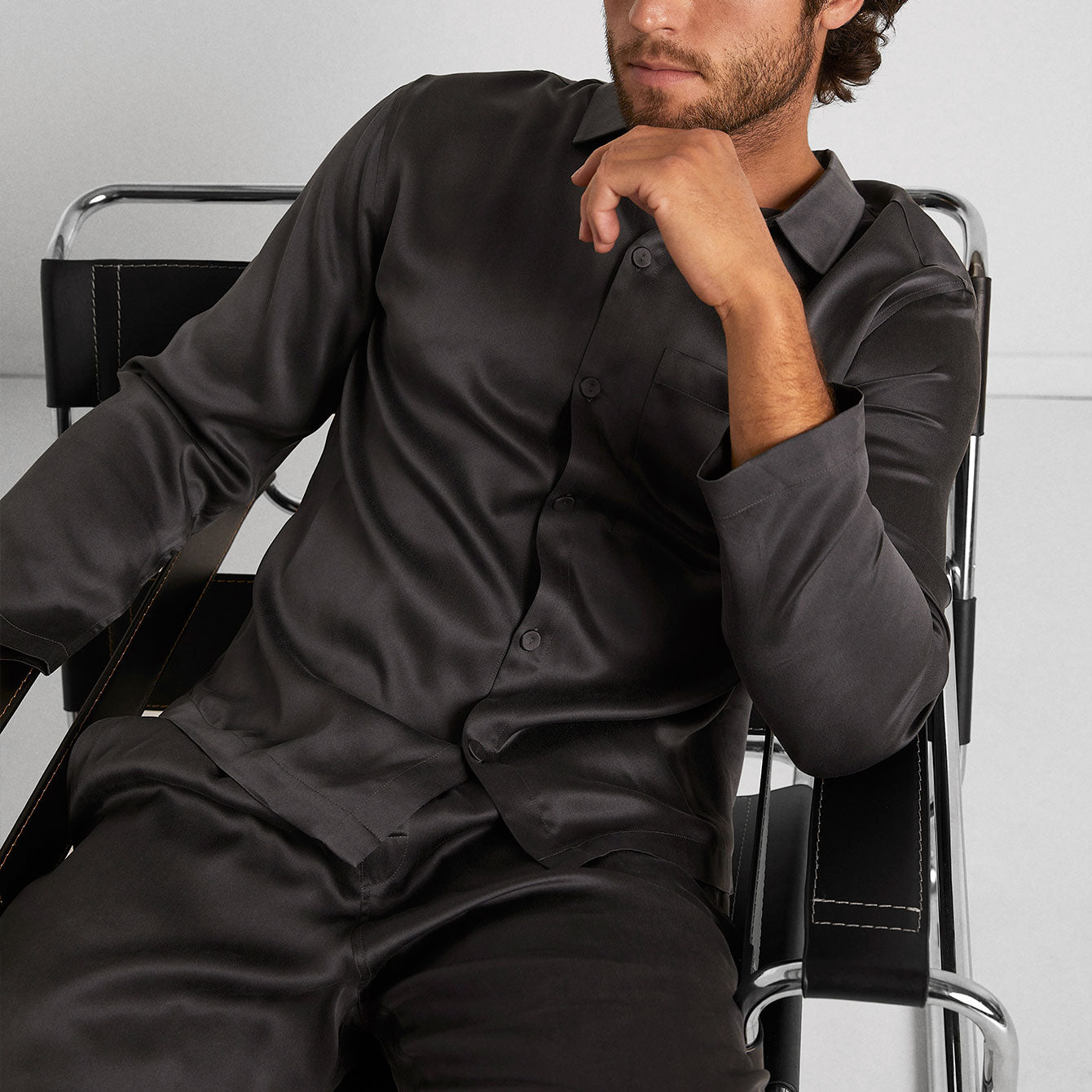 Lahgo Washable Silk Button Up Set - Meditative Grey | Garmentory