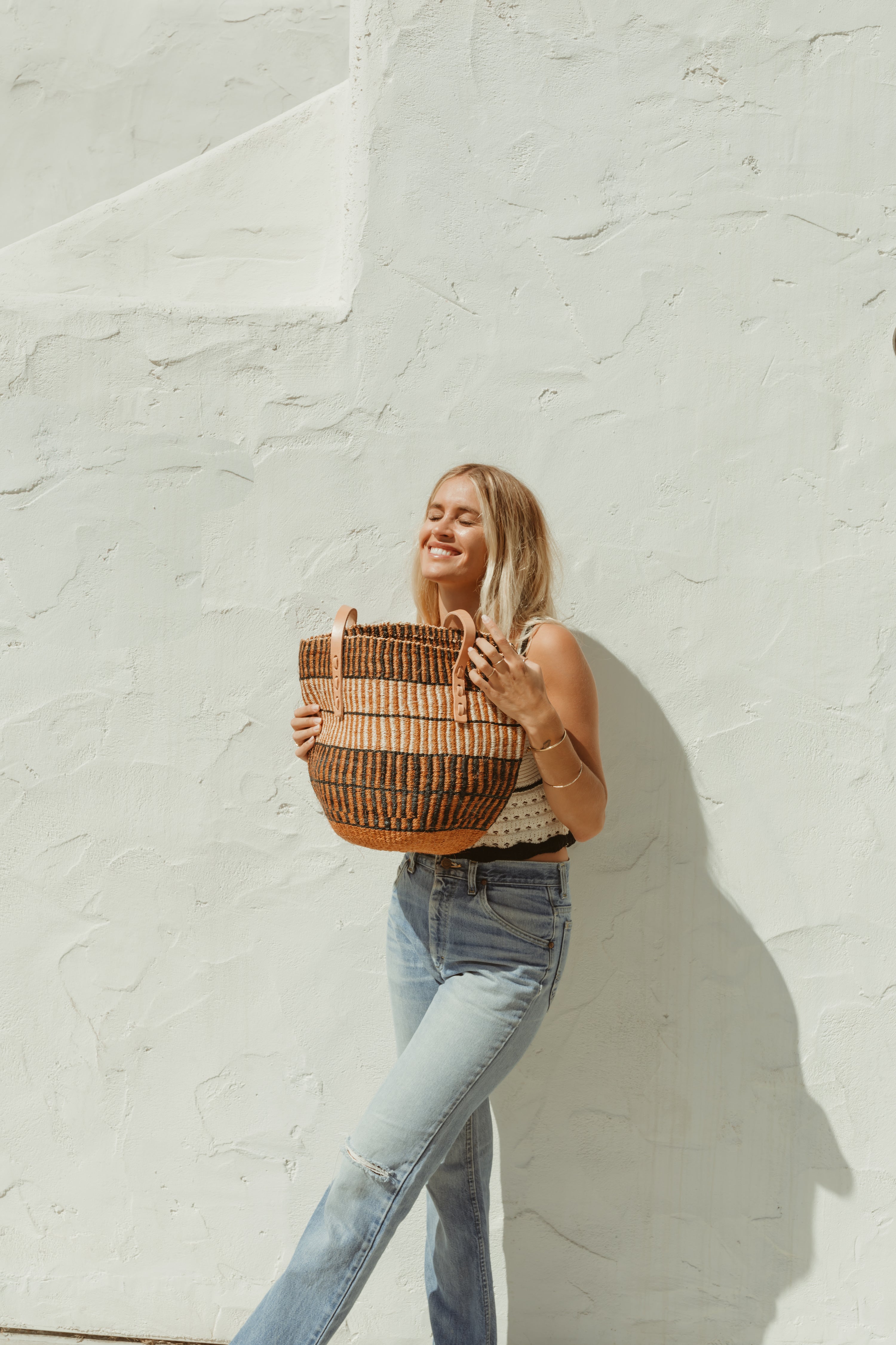 Jenna Bee Sisal Basket Bag - Brown Stripes | Garmentory