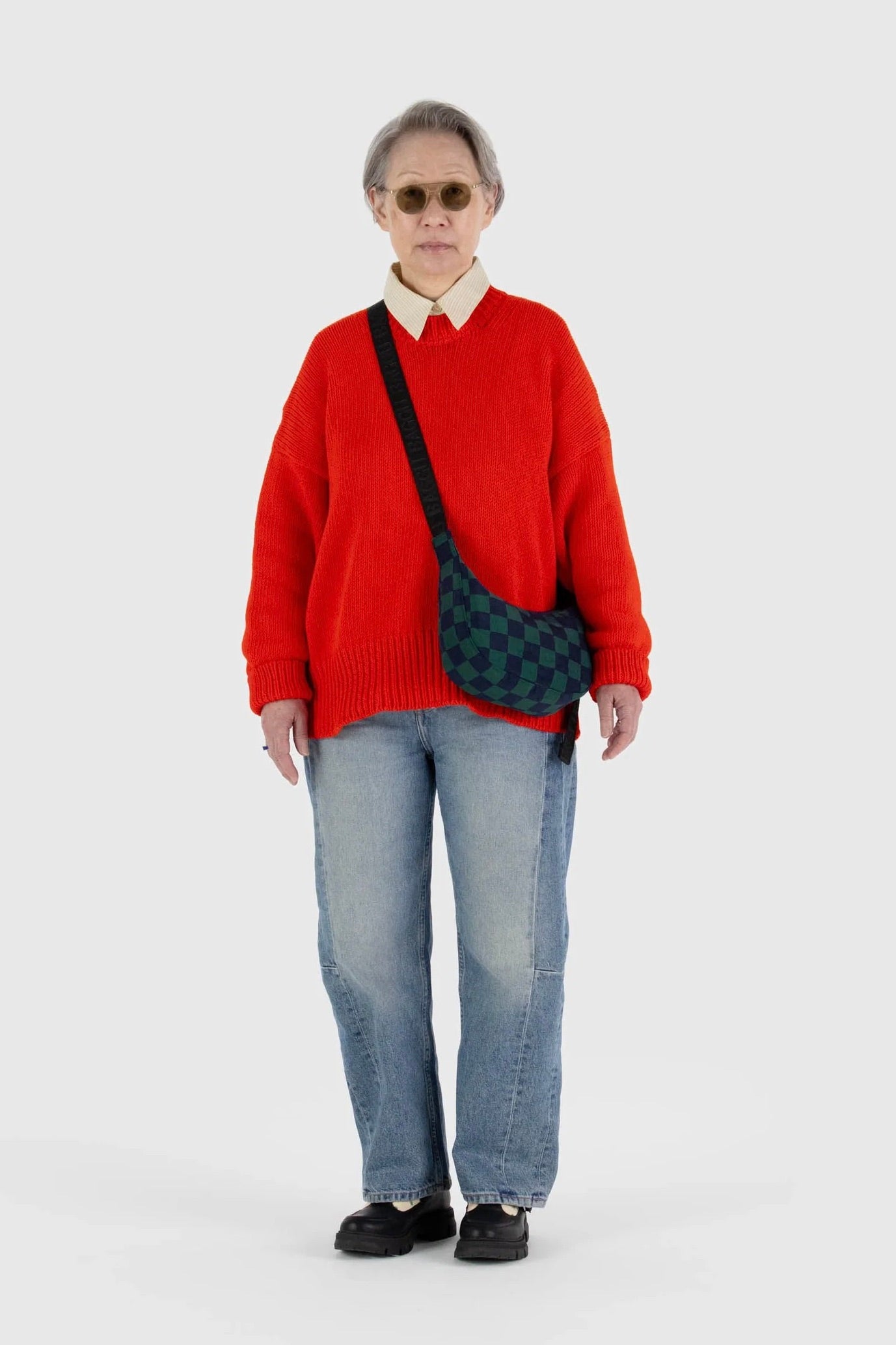 BAGGU Small Nylon Crescent Bag - Navy/Green Check | Garmentory