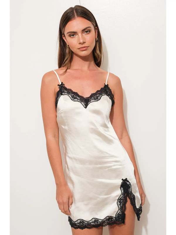 Pretty Garbage Contrast Lace Satin Mini Dress | Garmentory