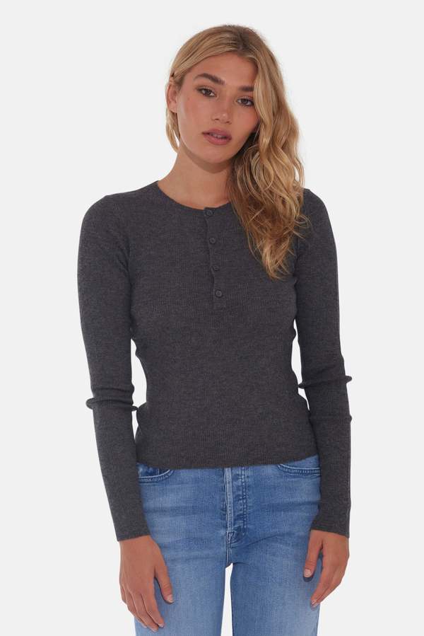The Tile Club Sylvia Cashmere Henley Sweater - Charcoal | Garmentory