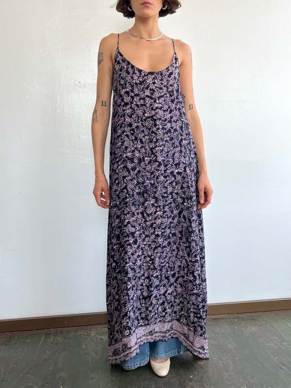 Vintage Block Print Floral Silk Cami Dress - Navy Blue/Purple | Garmentory