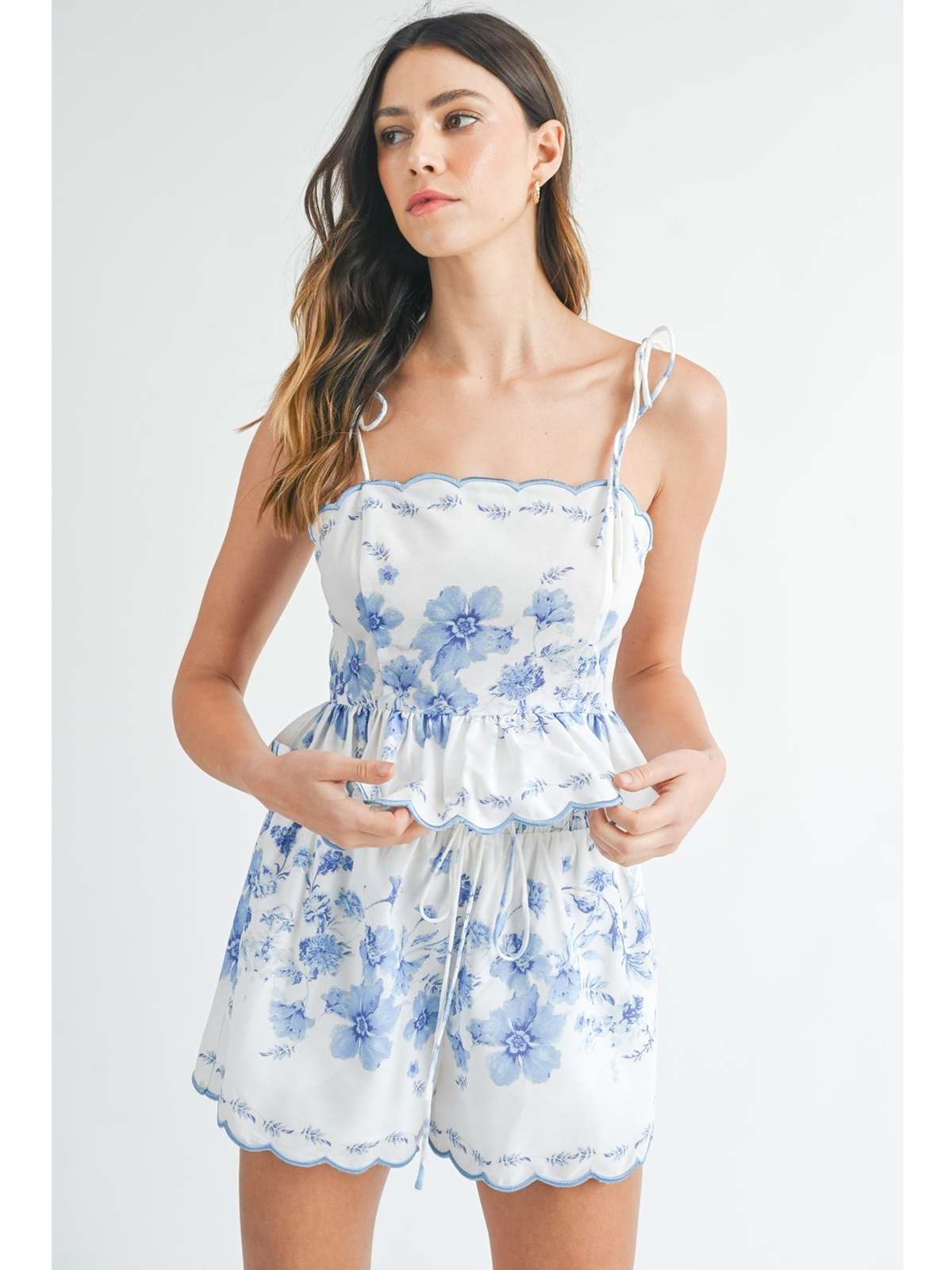 Mable Suni Scalloped Floral Peplum Top and Shorts Set - Blue | Garmentory