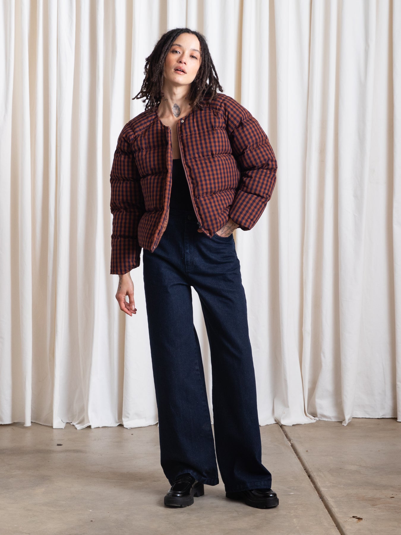 Ali Golden Puffer Jacket - Rust/Navy Gingham | Garmentory