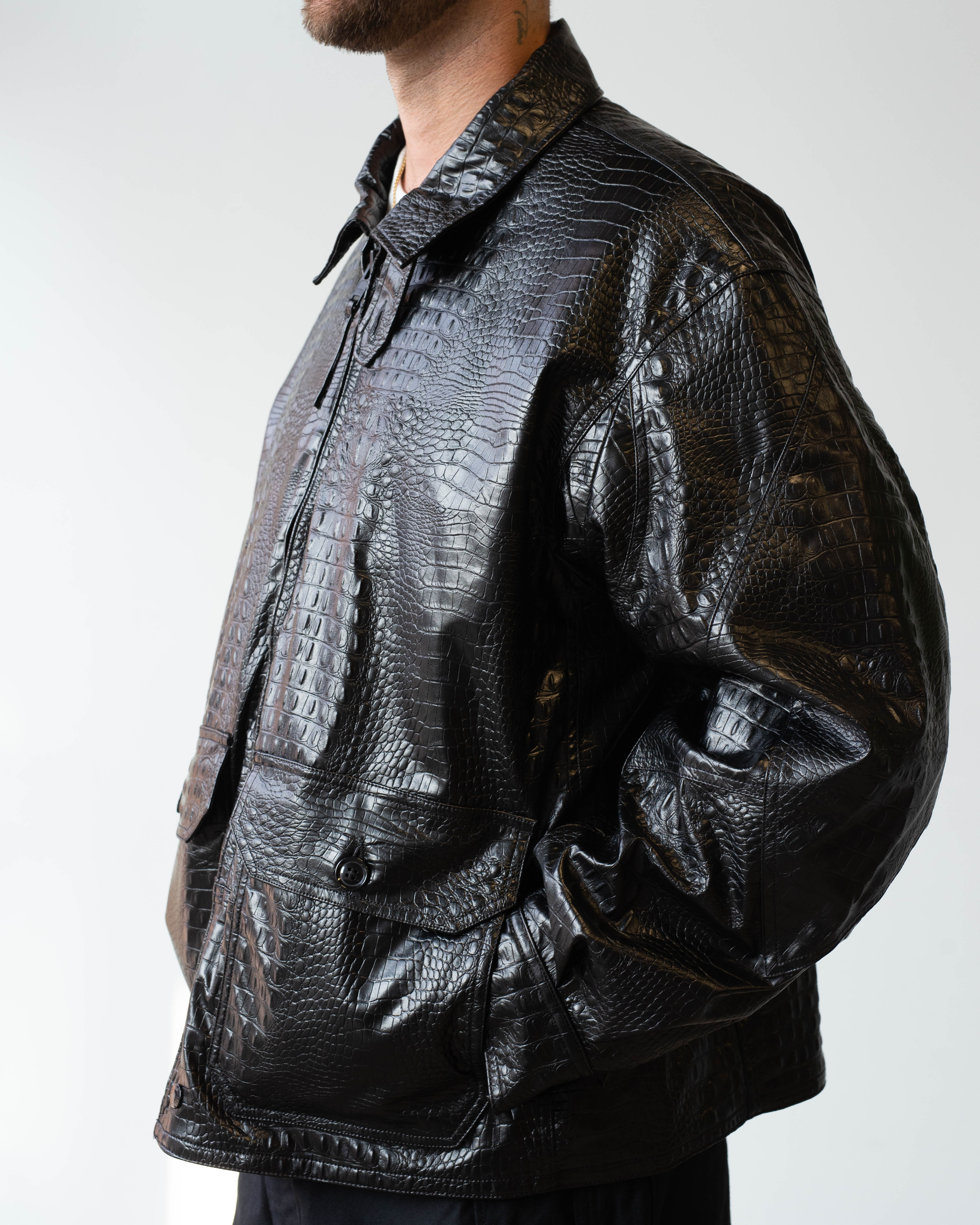 Engineered Garments G8 Alligator Embossed Fake Leather Jacket - Black ...