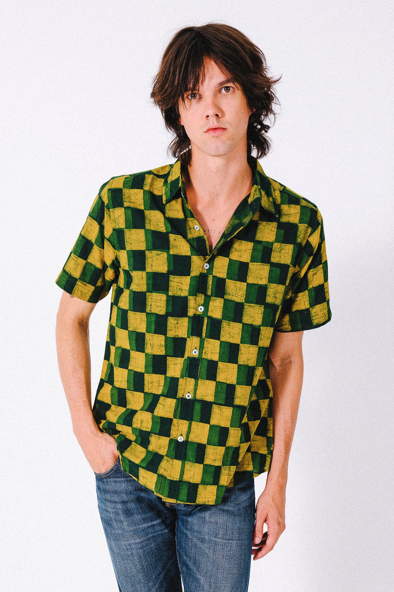 Hand Block Printed The Sufi Short Sleeve Shirt - Green/Turmeric Checks ...