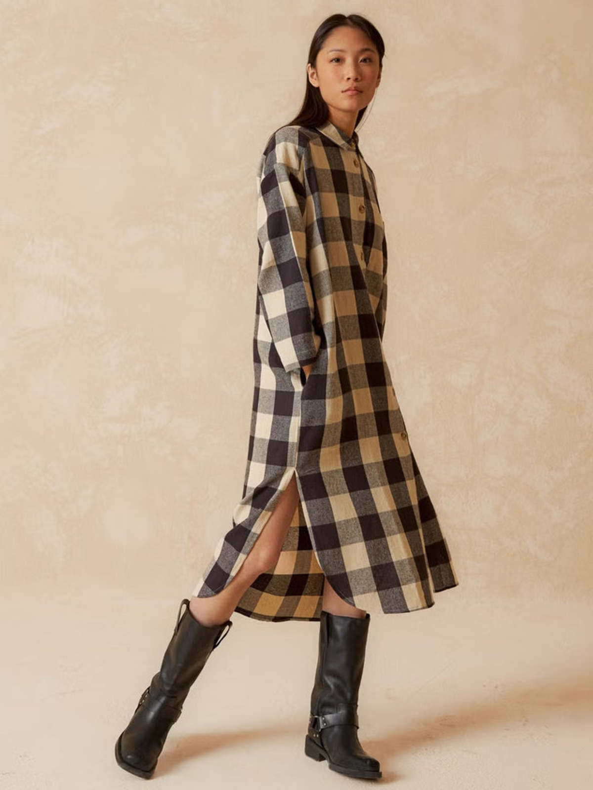 Indi & Cold Check Shirt Dress - Black/Stone | Garmentory