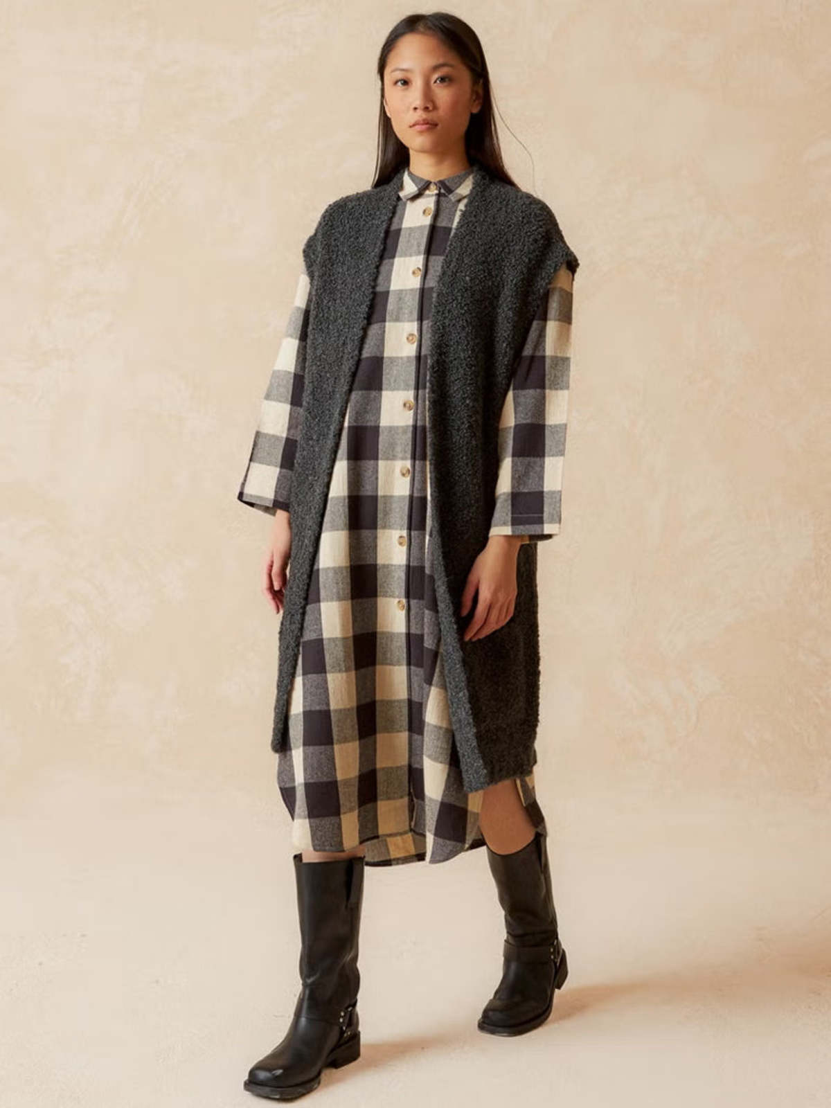 Indi & Cold Check Shirt Dress - Black/Stone | Garmentory