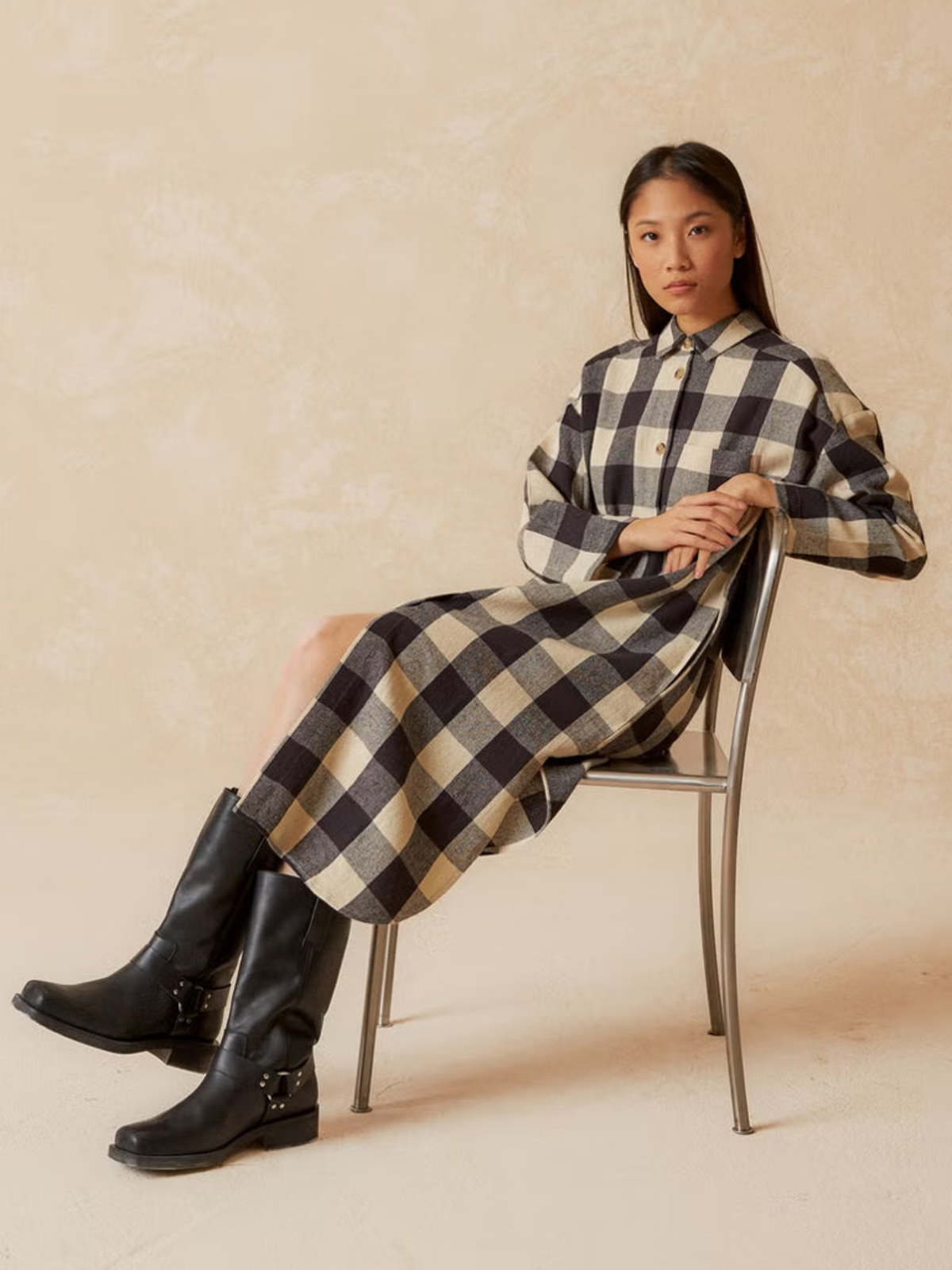 Indi & Cold Check Shirt Dress - Black/Stone | Garmentory