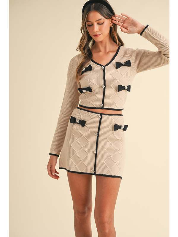 Mable Cherish Color Contrast Bow Detialed Top and Skirt Set - Light ...