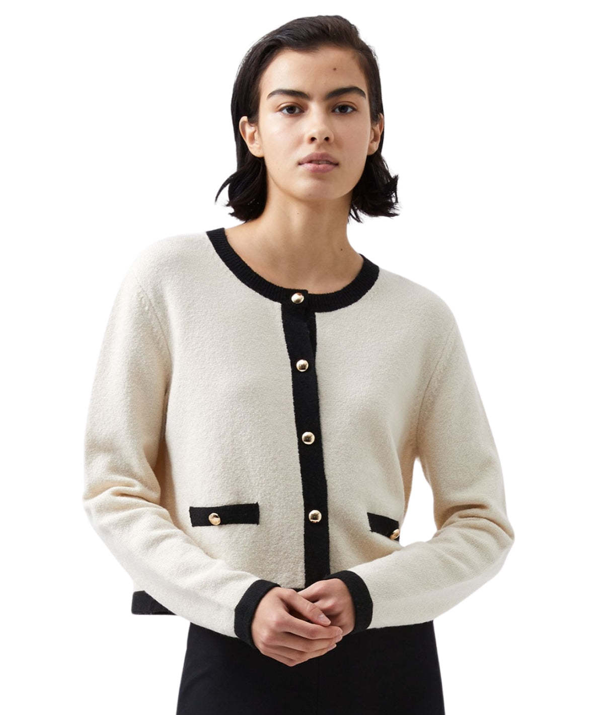 French Connection Vhari Contrast Cardigan - Classic Cream/Black ...