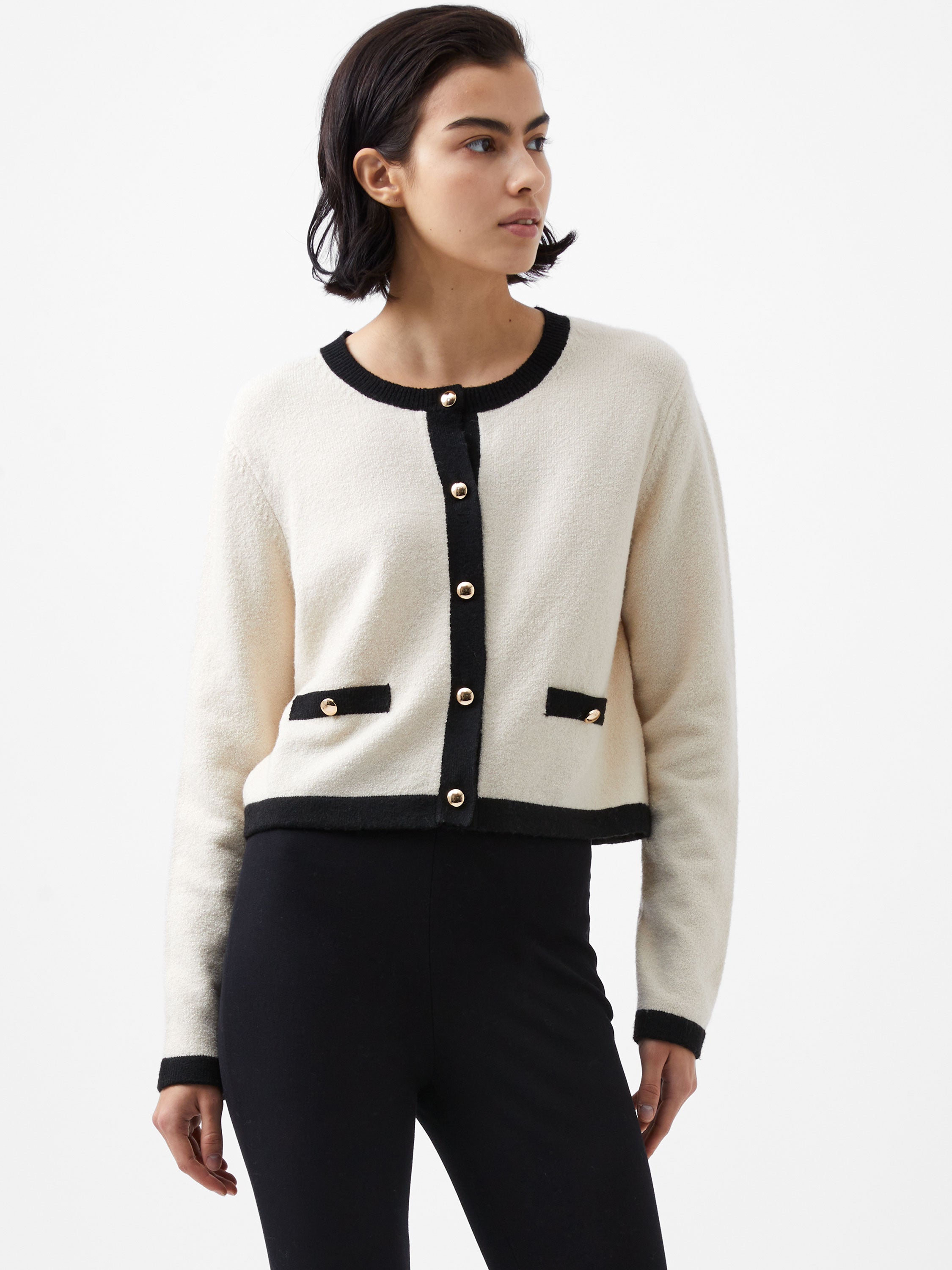 French Connection Vhari Contrast Cardigan - Classic Cream/Black ...