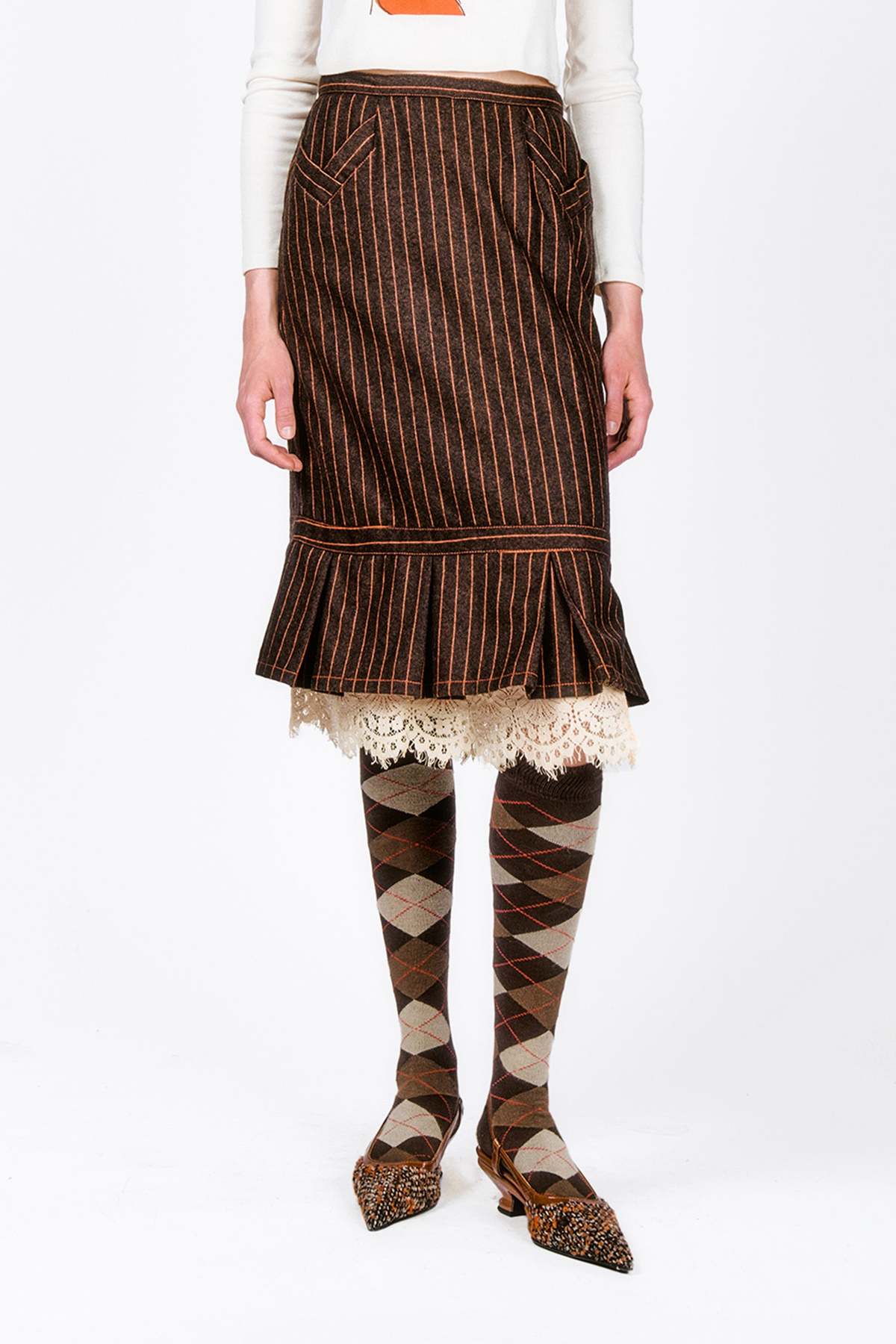 Anna Sui Railroad Stripe Lace Trimmed Skirt - Tobacco Multi | Garmentory