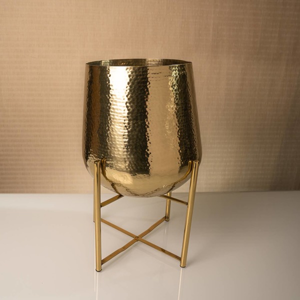 India Handicrafts Inc Hammered Flower Pot with Stand - Gold | Garmentory