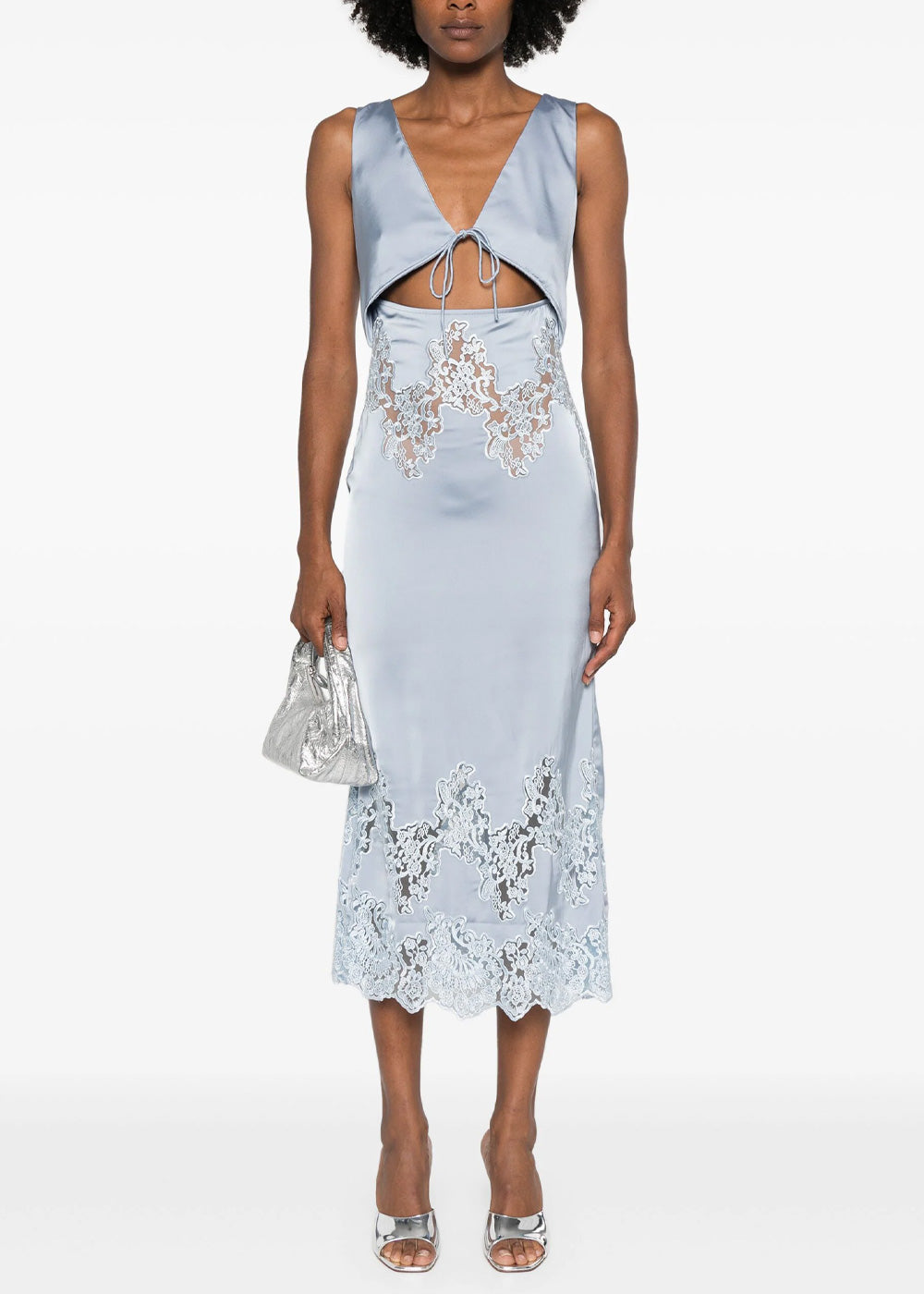 Self-Portrait Satin Lace Insert Midi Dress - Blue | Garmentory