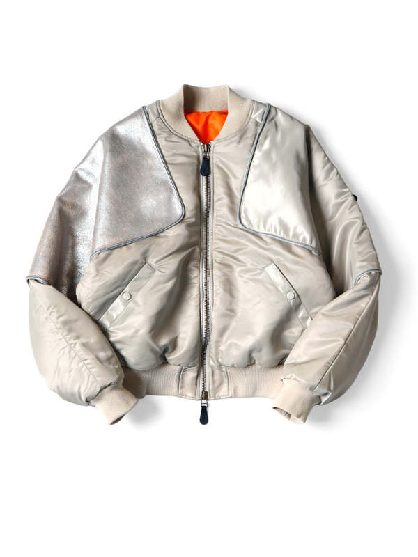 Kapital MA-1 Nylon x Crack Leather Sham Bomber Jacket - Gray | Garmentory