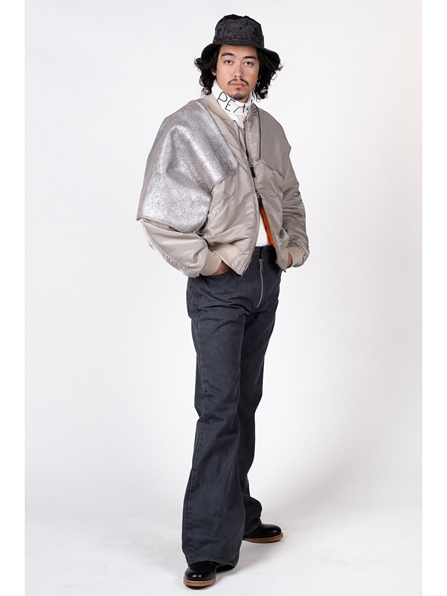 Kapital MA-1 Nylon x Crack Leather Sham Bomber Jacket - Gray | Garmentory