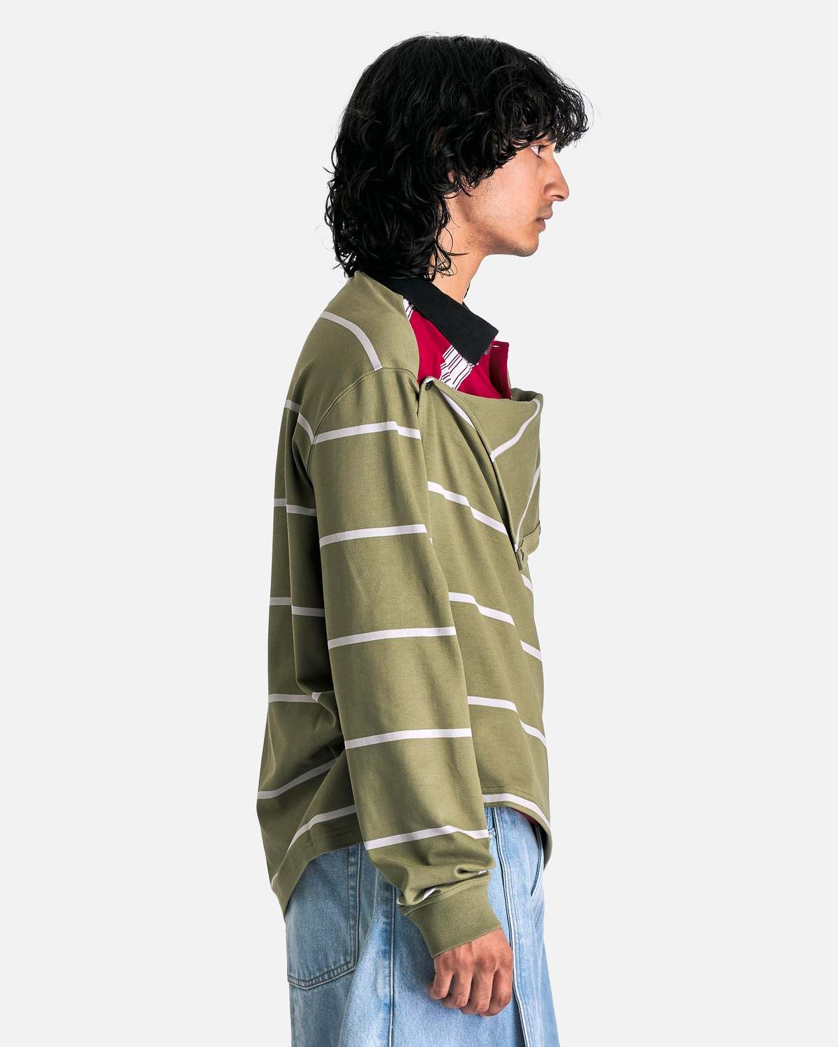 Y/project Double Collar Snap-Off Rugby Polo - Khaki/Red | Garmentory
