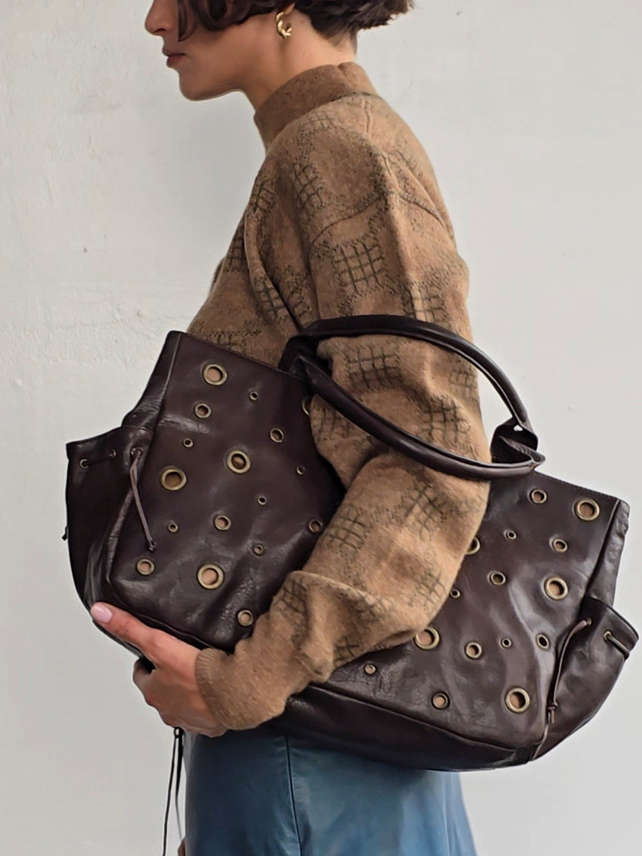Vintage Grommet Leather Satchel Bag - Dark Brown | Garmentory