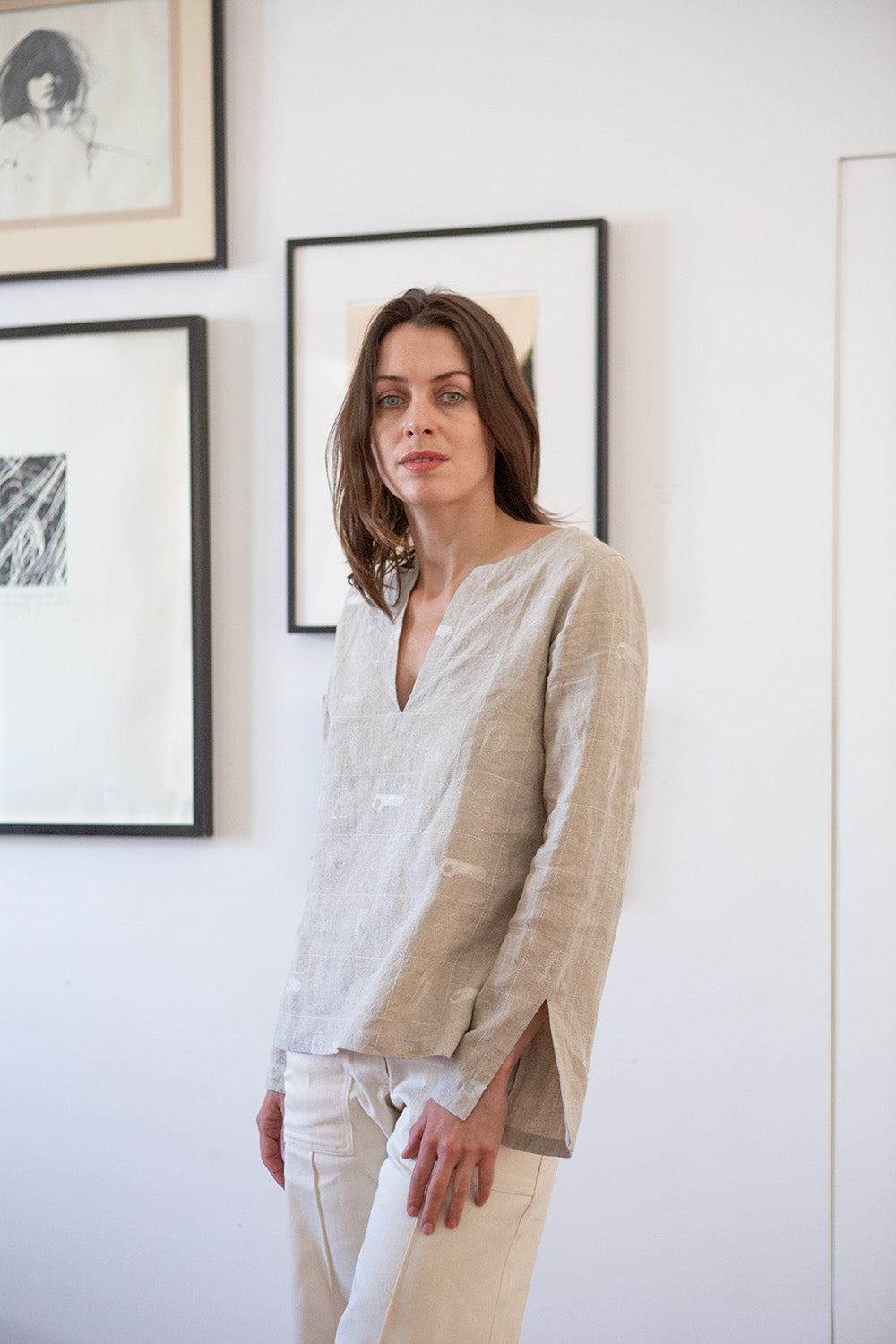 Erica Tanov Diego Linen Top - Natural Line Embroidery | Garmentory