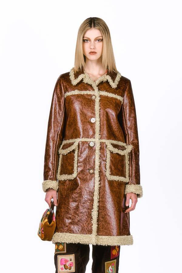 Anna Sui Faux Leather with Curly Lamb Trim Coat - Tobacco | Garmentory