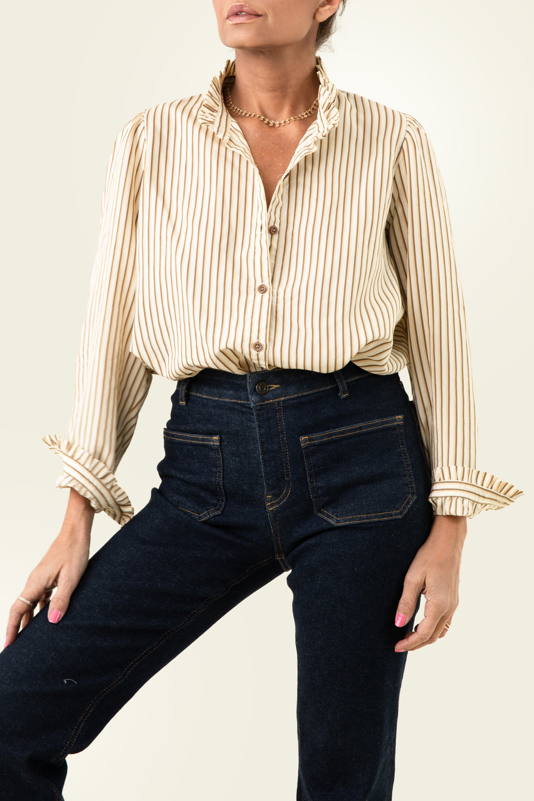 a shirt thing Peggy Multi Stripe Top - Khaki/Cream | Garmentory