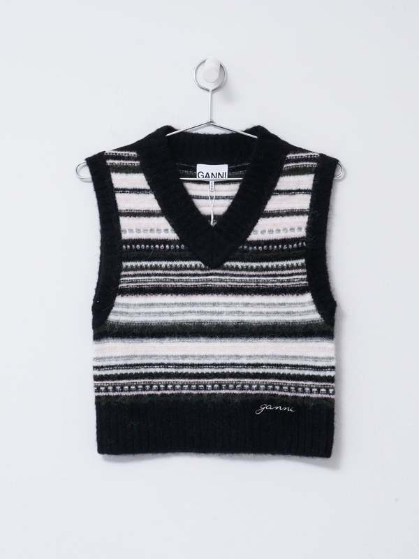 Ganni Soft Wool Stripe Vest - Black | Garmentory