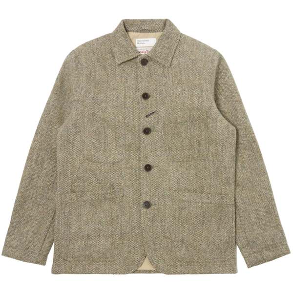 Universal Works Bakers C Jacket - Weave Olive Herringbone Harris Tweed ...