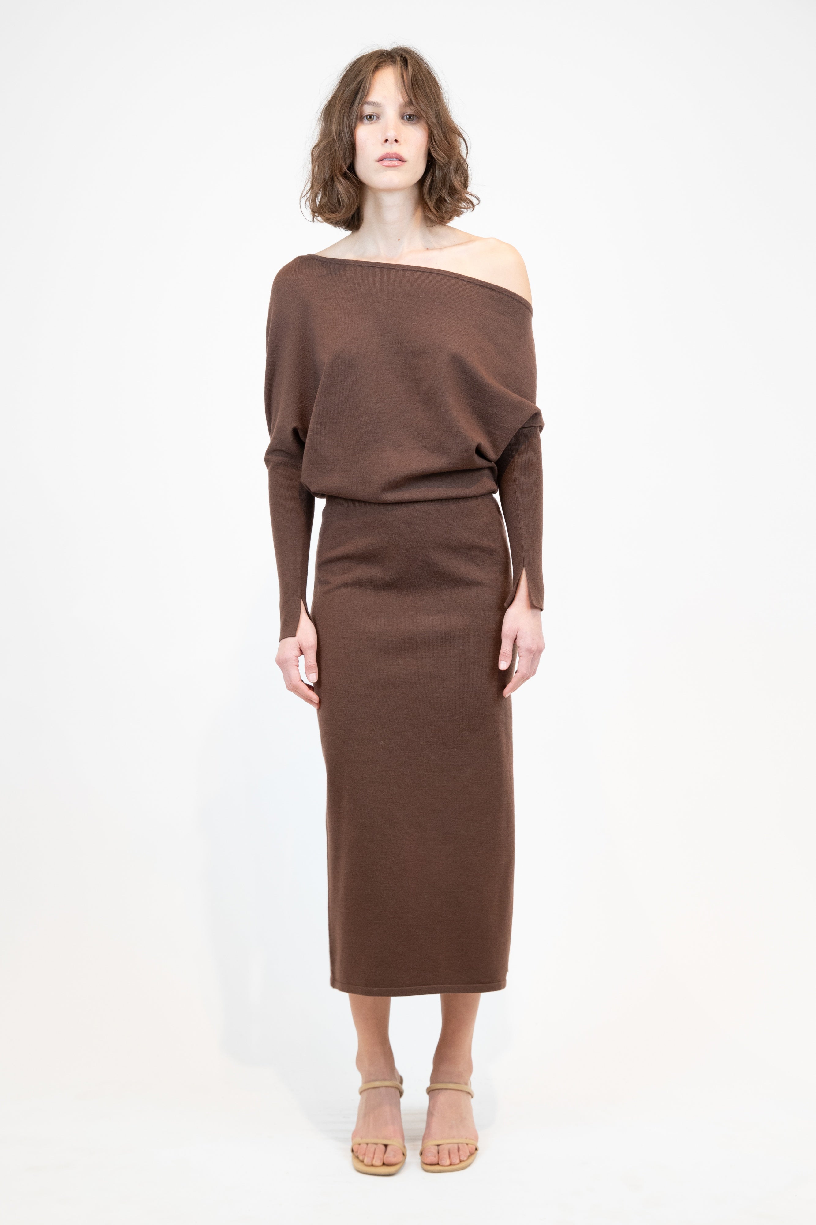 Simkhai Janese Off Shoulder Midi Dress - Chocolate | Garmentory