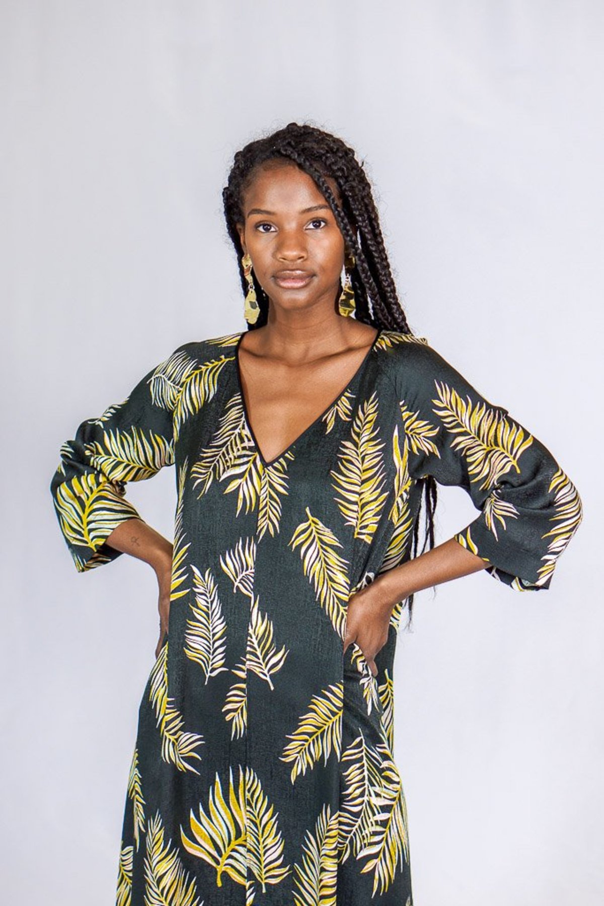 Giada Forte Desert Leaf Print V- Neck Silk Dress | Garmentory