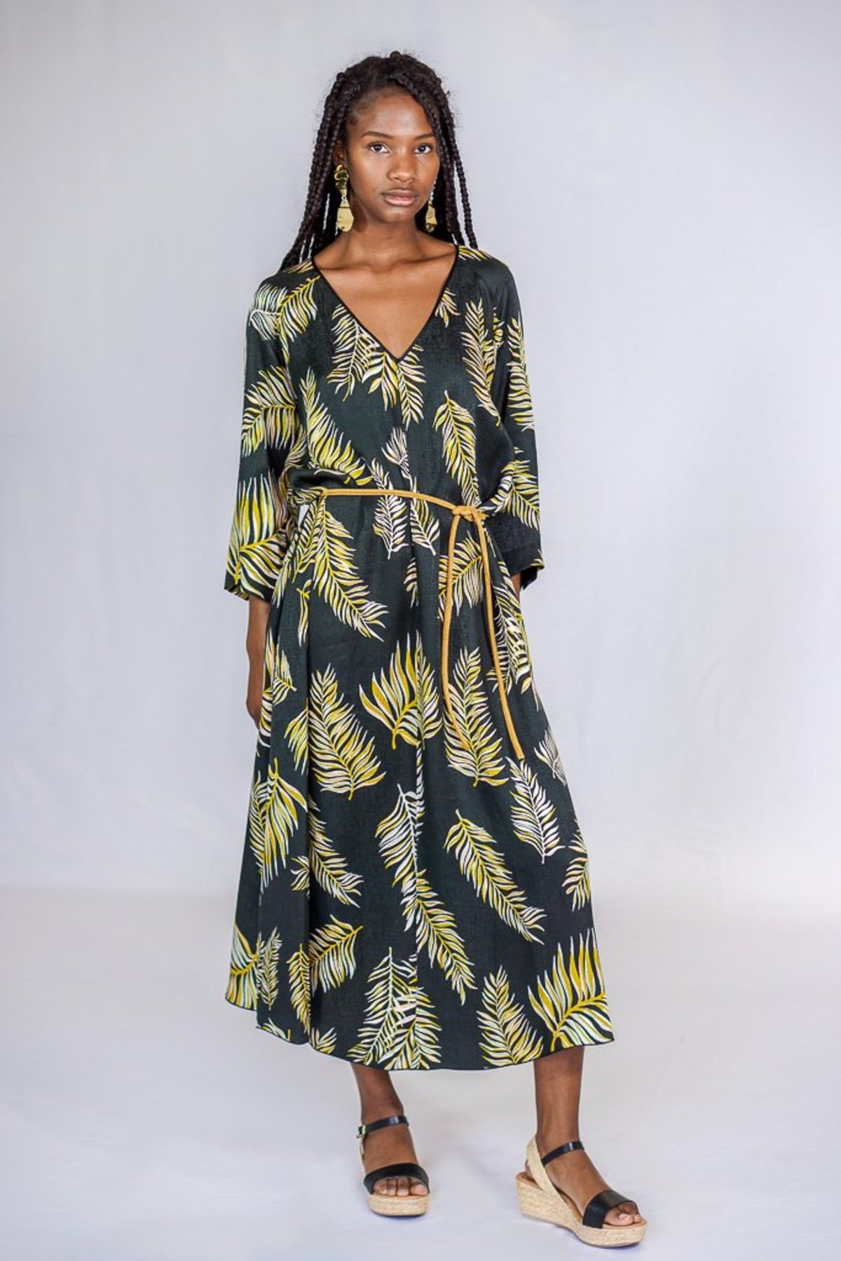 Giada Forte Desert Leaf Print V- Neck Silk Dress | Garmentory