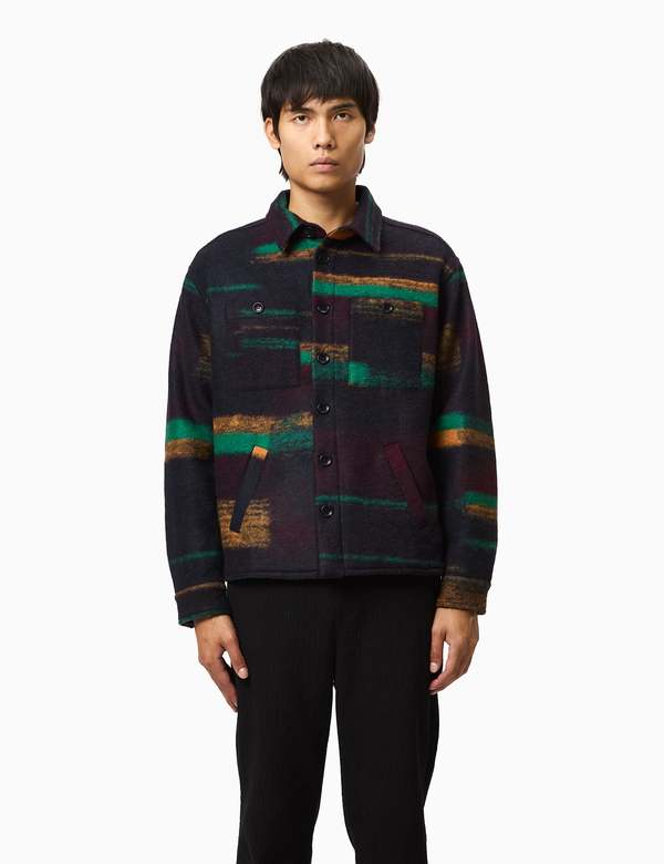 Percival Lacquer Stripe Blanket Wool Overshirt - Navy Blue | Garmentory