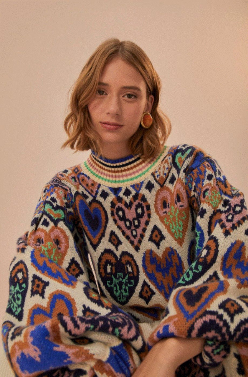 Farm Rio Ikat Hearts Sweater - Cream | Garmentory