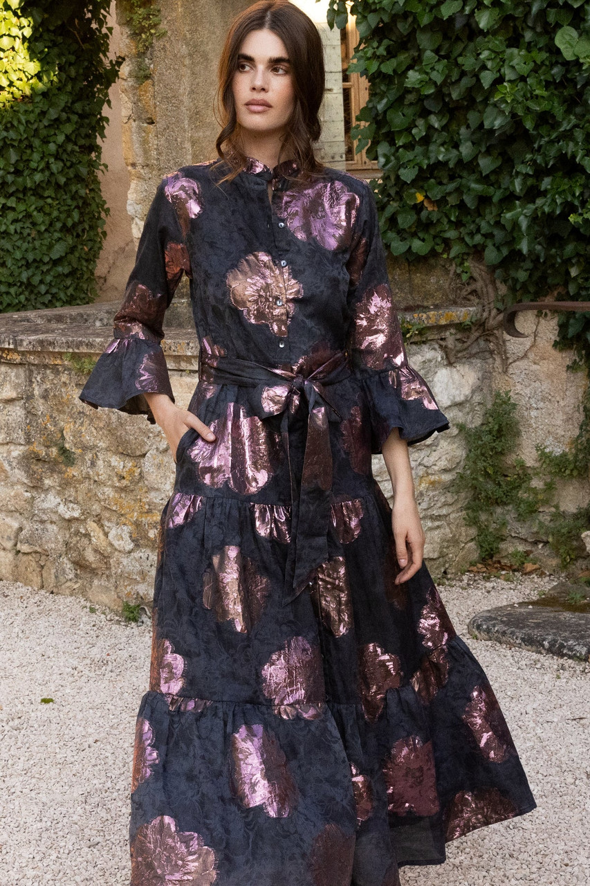 Oliphant Ruffle Collar Bell Sleeve Rosa Maxi - Black | Garmentory