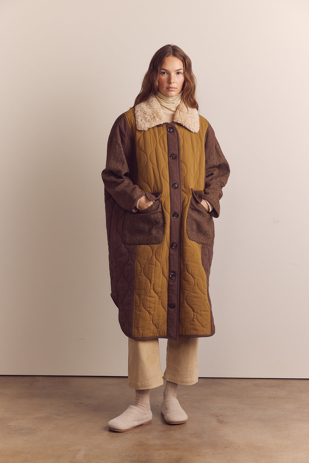 Amente Patch Quilted Wool Blend Detachable Fur Collar Coat - Multi ...