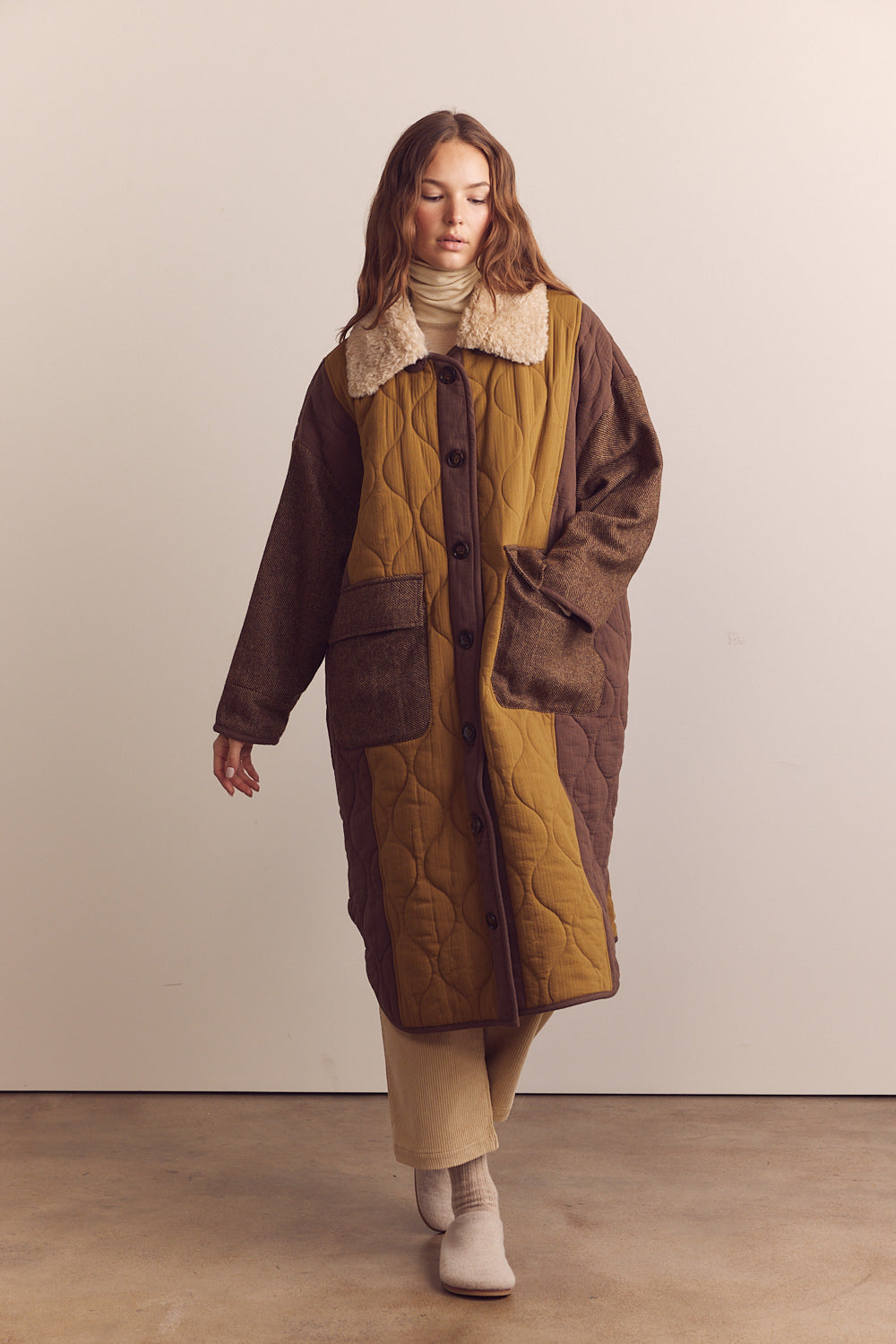 Amente Patch Quilted Wool Blend Detachable Fur Collar Coat - Multi ...