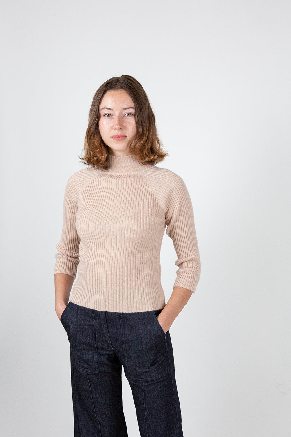 Erica Tanov Cashmere Ribbed Mock Turtleneck Sweater - Fawn | Garmentory