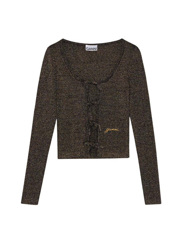 Ganni Sparkle Tie String Cardigan - Black/Gold | Garmentory