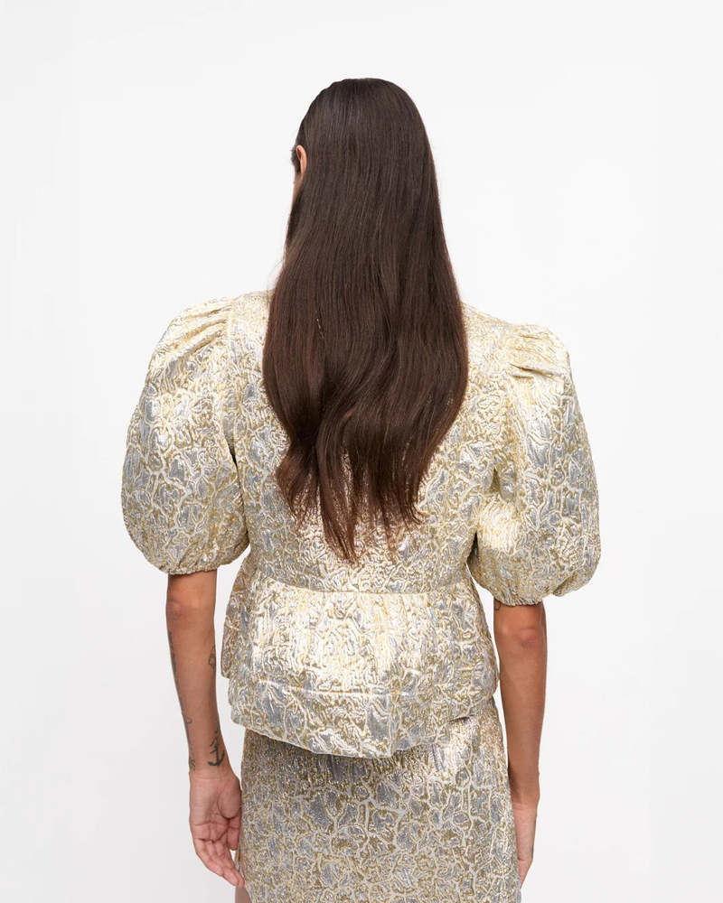 Ganni Peplum Tie String Blouse - Gold/Silver | Garmentory